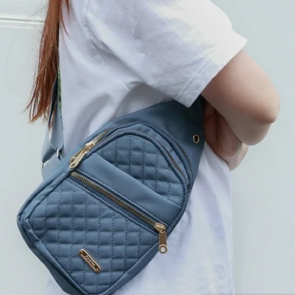 Bags | Quilted Blue Sling Backpack Compact Crossbody Bag | Poshmark